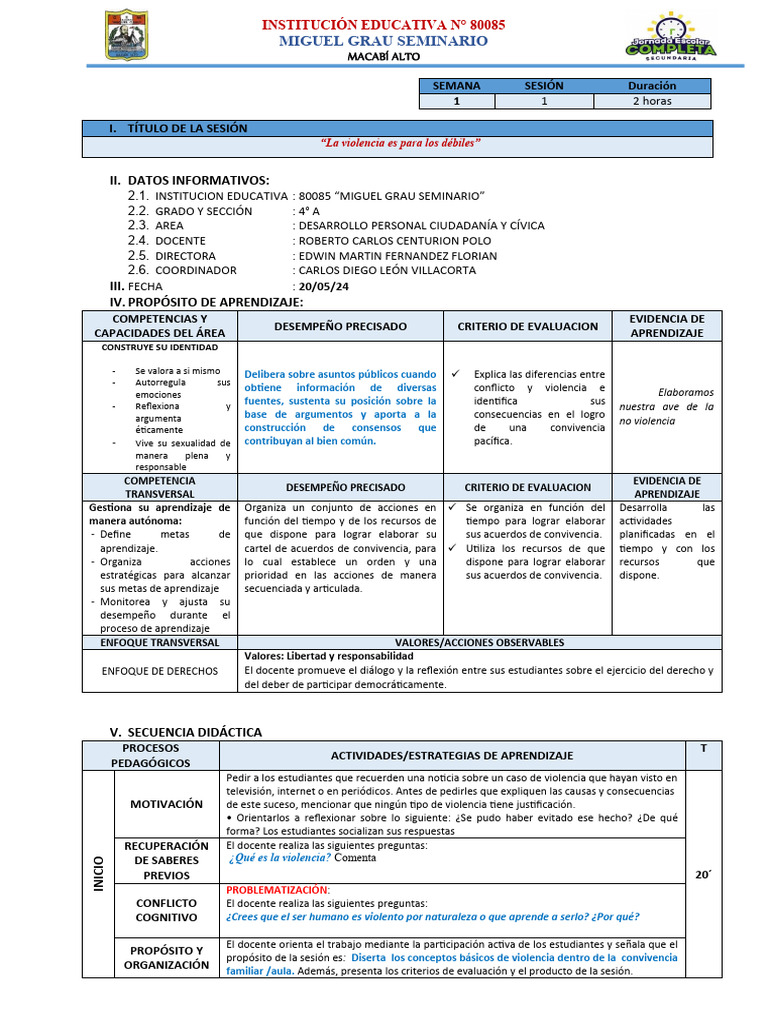 Sesion de Aprendizaje #03 DPCC 4° - U3 | PDF | Maestros | Aprendizaje