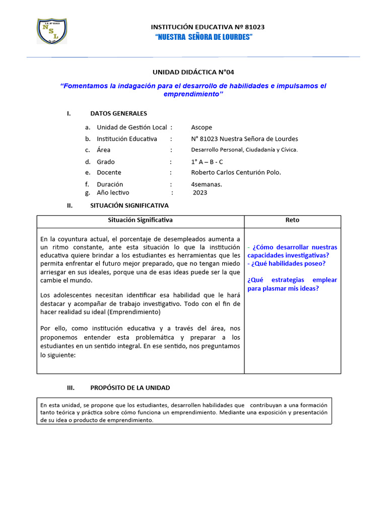 UNIDAD DIDÁCTICA N° DPCC 4° A - B - C | PDF | Aprendizaje | Las emociones