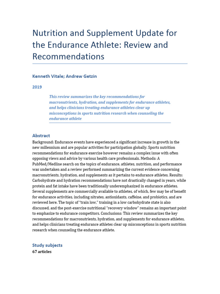 Nutrition and Supplement Update For The Endurance Athlete Review and Recommendations | PDF ...