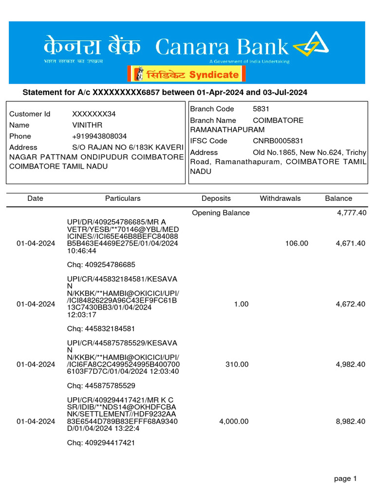 Canara - Epassbook - 2024-07-03 11 - 39 - 19.049751 | PDF