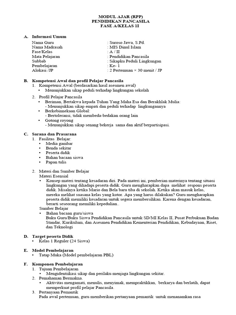 Modul Ajar Triwulan2 - PP - Subbab.1.1 - Kls 2 - Genap - 2024 | PDF
