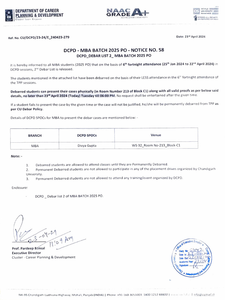 DCPD Notice - Debar List 2 of MBA Batch 2025 PO | PDF