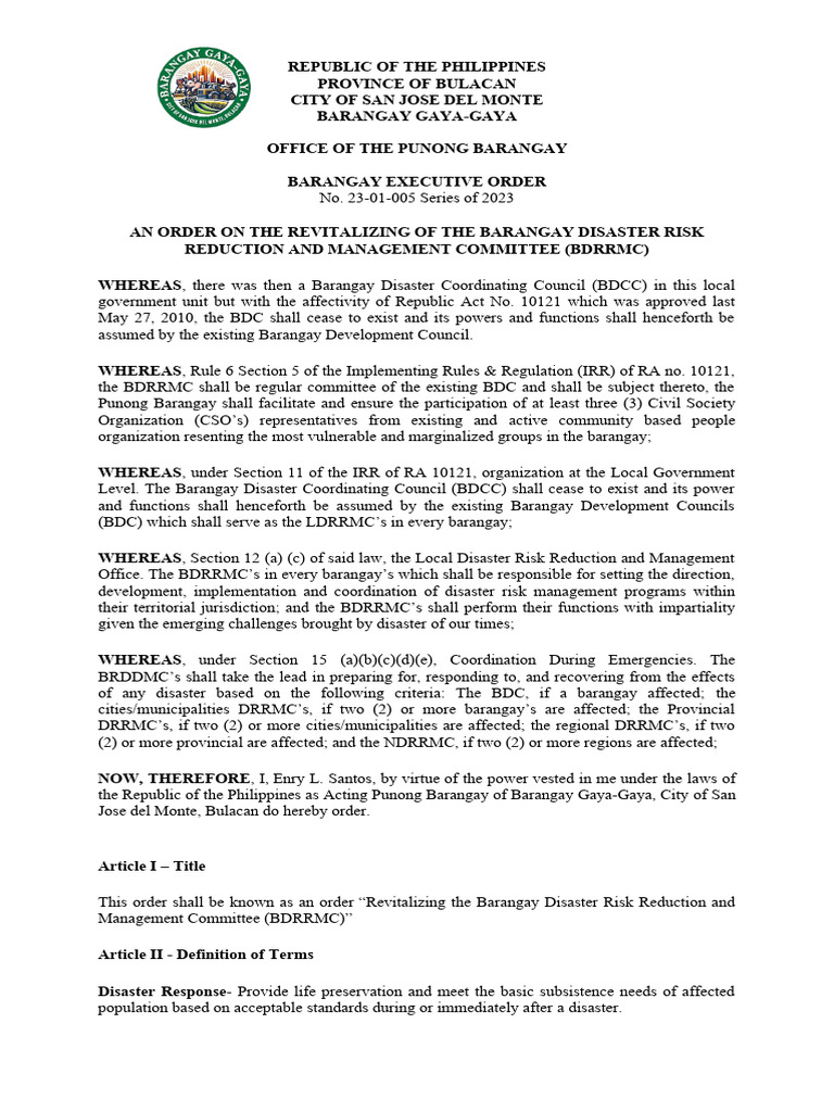 5 - BDRRMC-Executive-Order | Download Free PDF | Emergency Evacuation ...