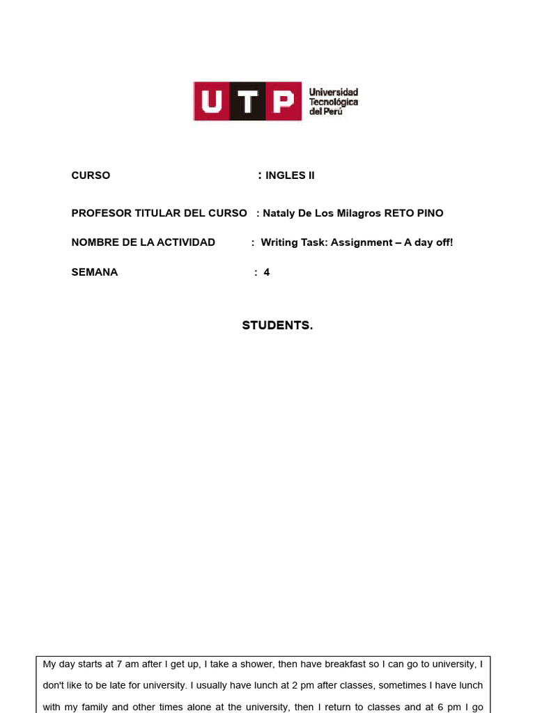 SEMANA 4 Writing Task Assignment – A day off | PDF