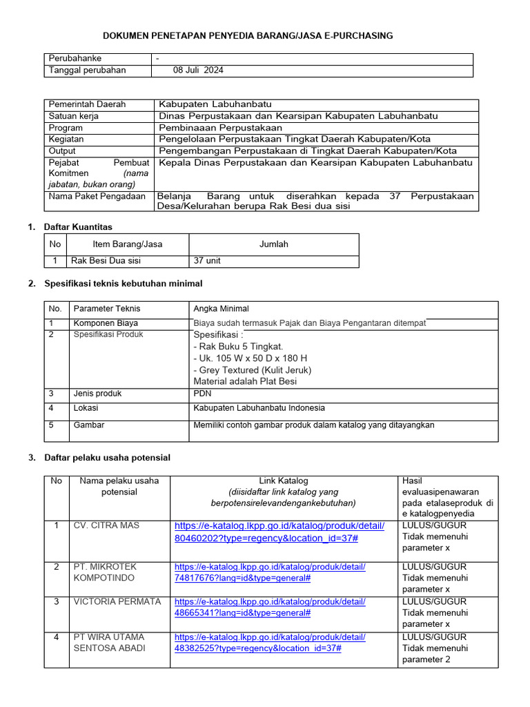 Dokumen 1 Penetapan Penyedia E-Purchasing Belanja Komponen-Komponen Lainnya | PDF
