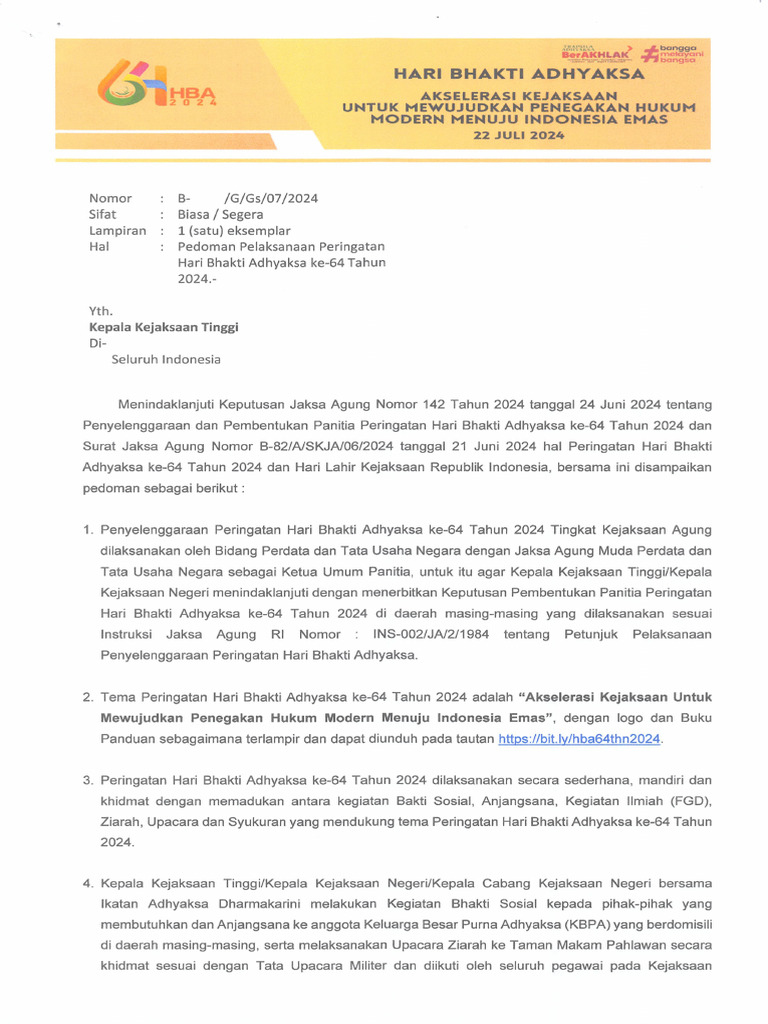Pengantar Pedoman Pelaksanaan Peringatan HBA Ke 64 Tahun 2024 | PDF