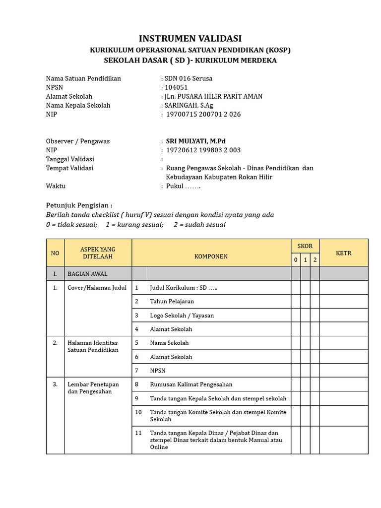 INSTRUMEN VALIDASI KOSP 2024-Ok | PDF