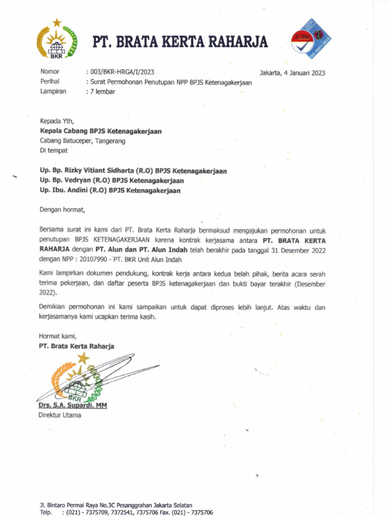 Surat Permohonan Penutupan NPP 20107990 | PDF