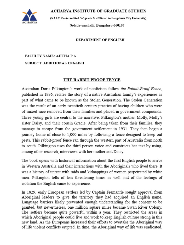 THE RABBIT PROOF FENCE SUMMARY - Docx (1) - 16866484151870 | PDF | Mystery, Thriller & Crime ...