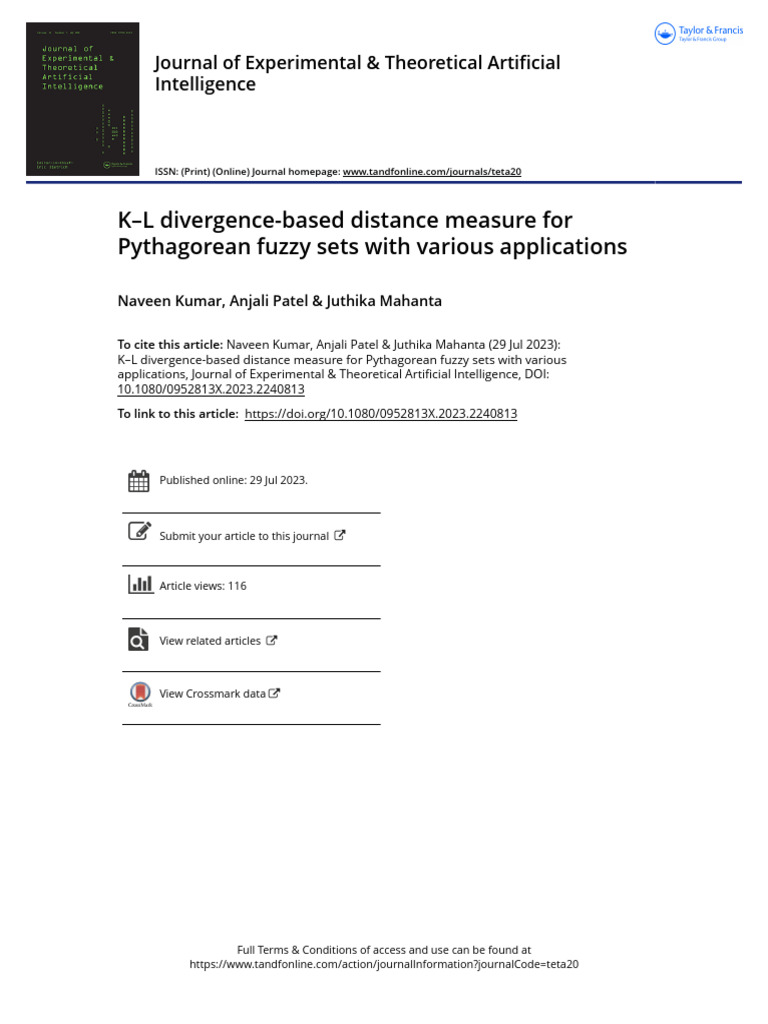 K L Divergence-Based Distance Measure For Pythagorean Fuzzy Sets With Various Applications | PDF ...