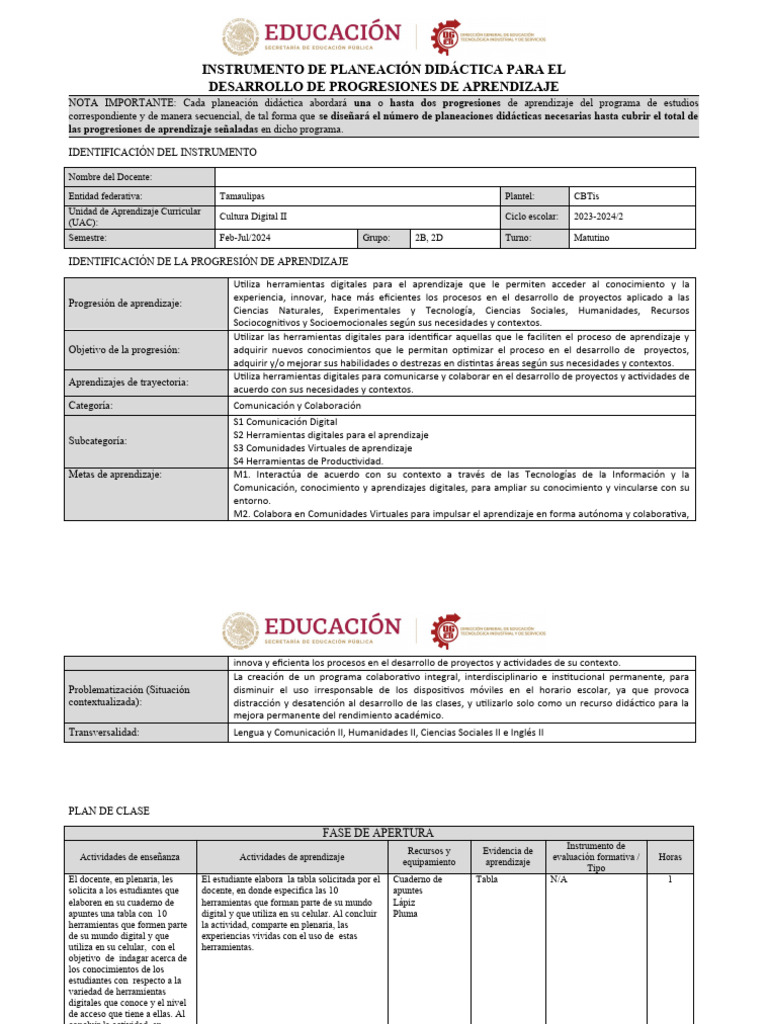 DGETI-Instrumento Planeación Didáctica GeneralP1 | PDF | Maestros ...