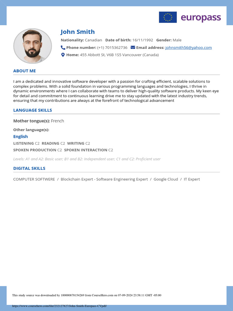 John Smith's Europass CV Example | PDF