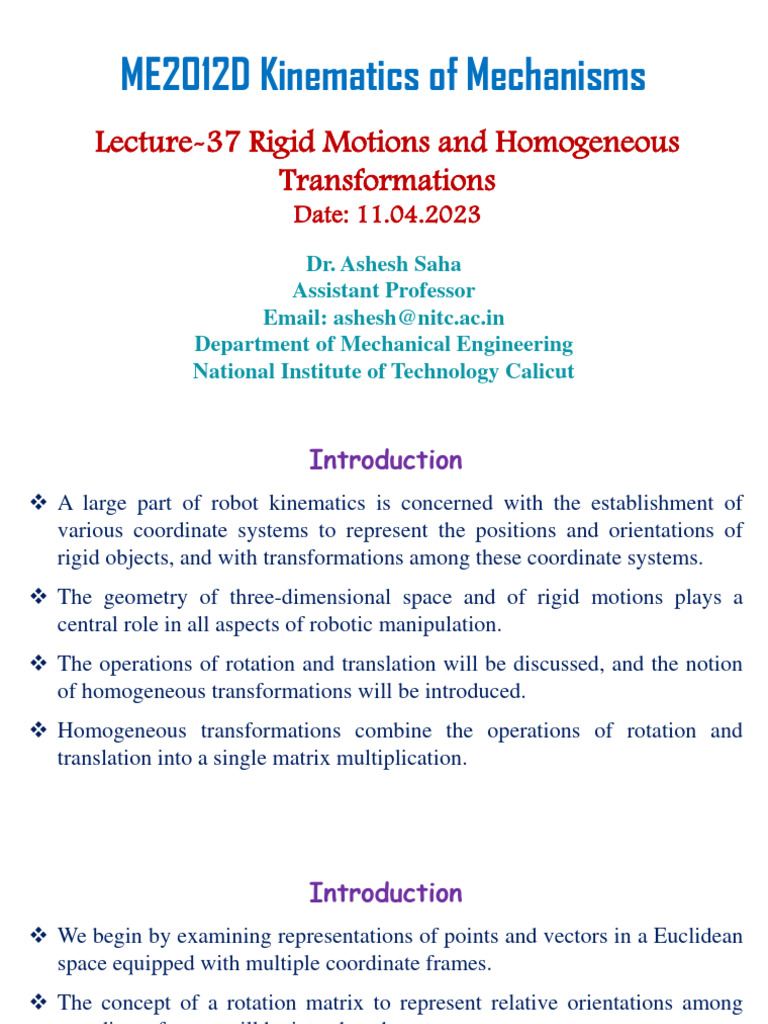 KOM Lect37 Robotics Rigid Motions and Homogeneous Transformations | PDF ...
