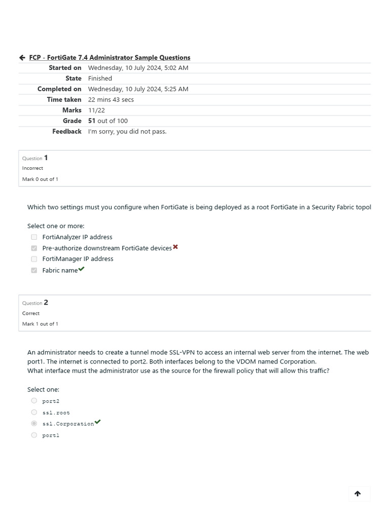 FortiGate 7.4 Administrator Sample Questions - Attempt Review | PDF | Public Key Certificate ...
