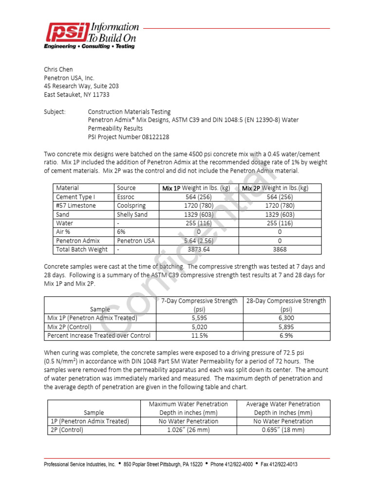 Din 1048 Permeability Testing-Report Confidential | PDF | Concrete | Cement