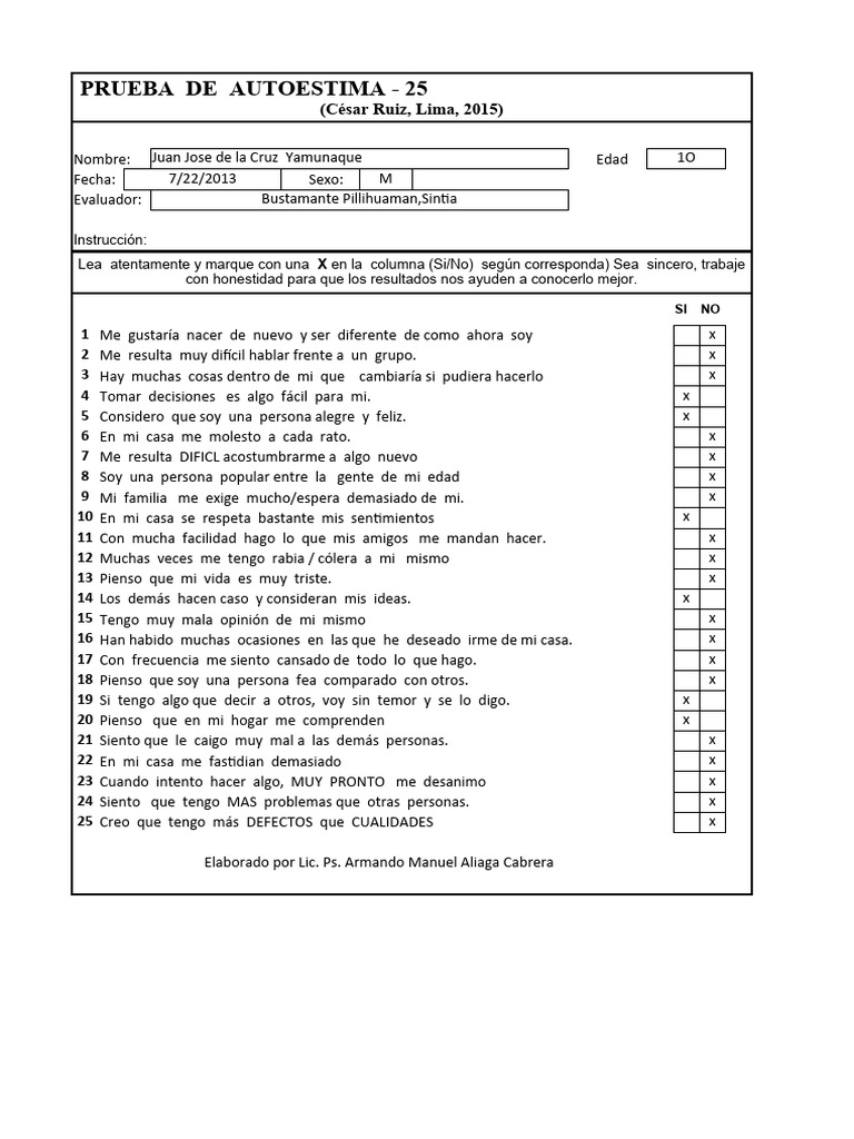 PRUEBA DE AUTOESTIMA 25 - Peru JUAN J CY | PDF