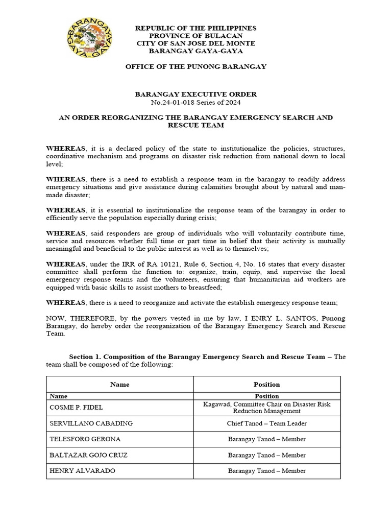 Reorganization of Barangay Rescue Team | PDF | Search And Rescue ...