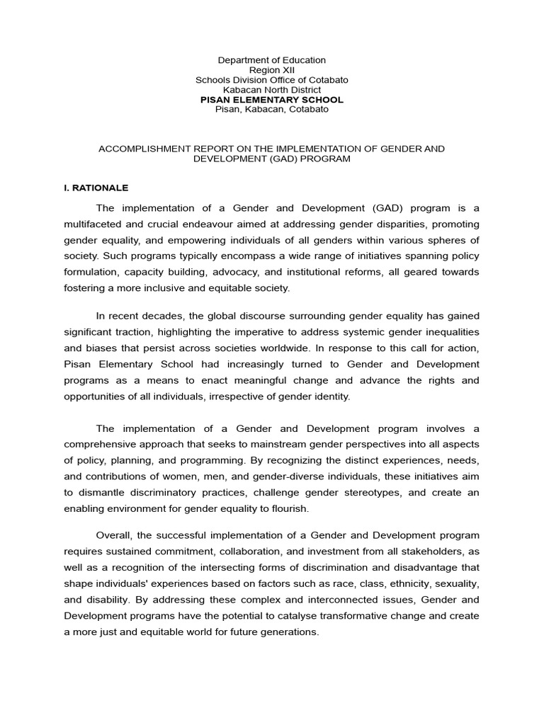 Gad Report 2023-2024 - Pisan | PDF | Gender And Development | Gender