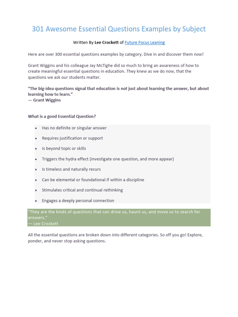 301 Awesome Essential Questions Examples by Subject | PDF | Good And ...
