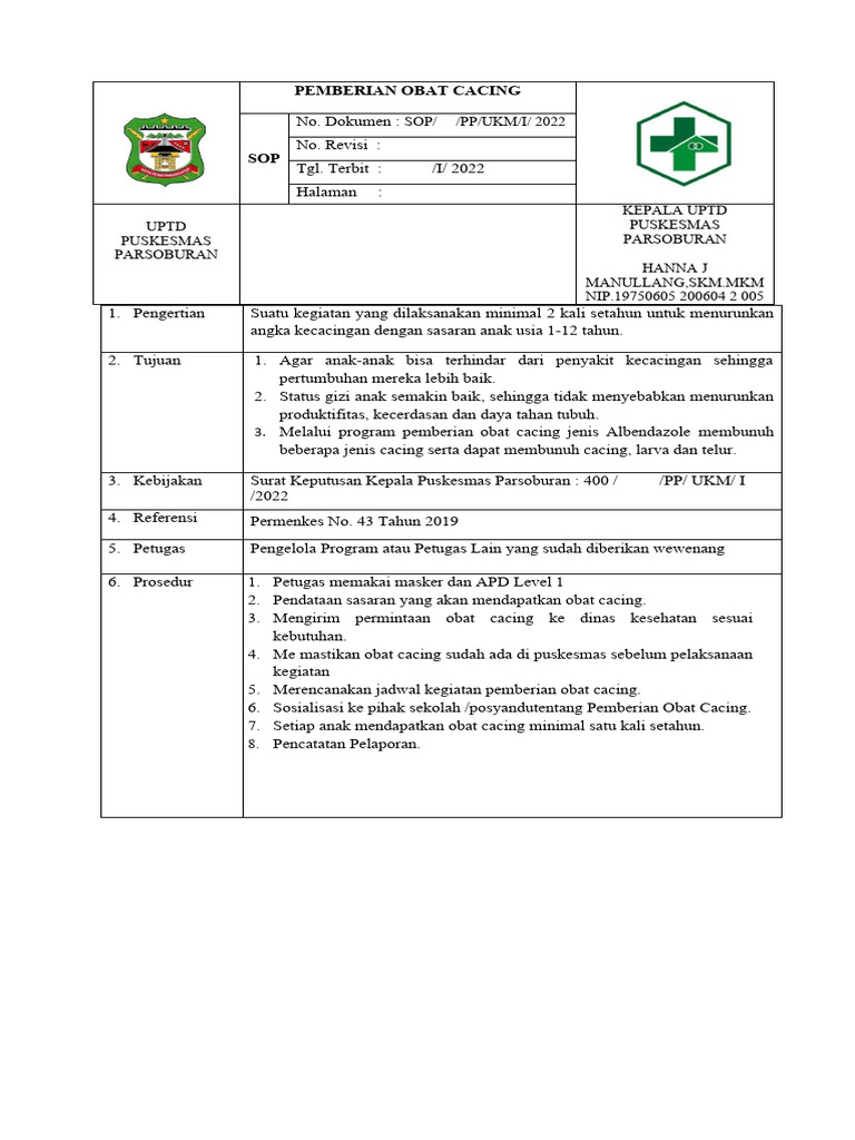 Sop Pemberian Obat Cacing | PDF