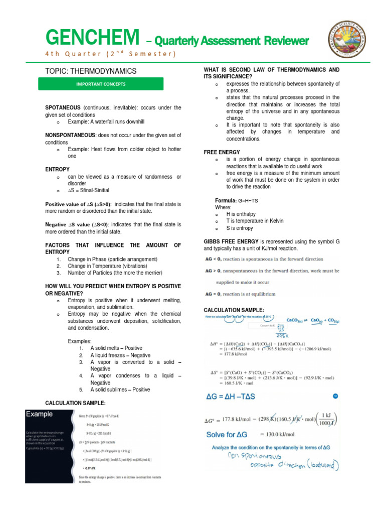 Q4 Genchem Periodic Exam Reviewer | PDF | Entropy | Temperature