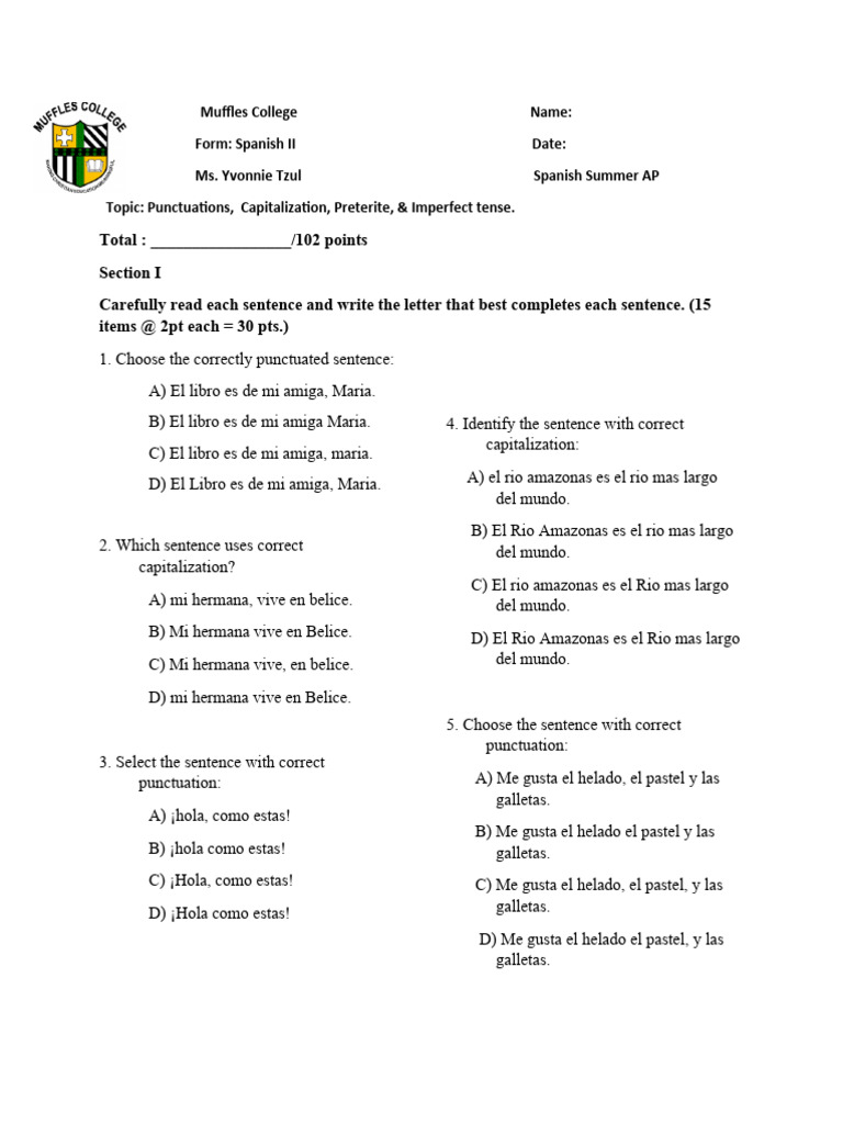Summer AP Spanish Test Form 2 Test #1 | PDF