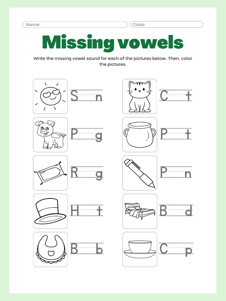 Green White Simple Missing Vowels CVC Worksheet | PDF