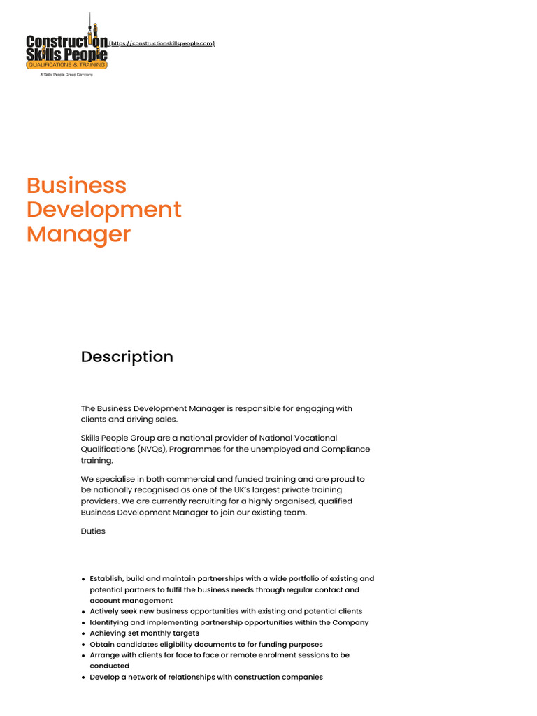 Business Development Manager: Description | PDF | Career & Growth ...
