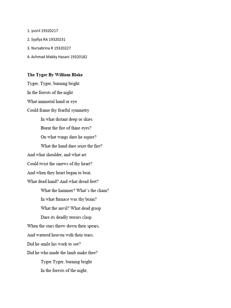 The Tyger by William Blake | PDF | Poetry | Paradise Lost