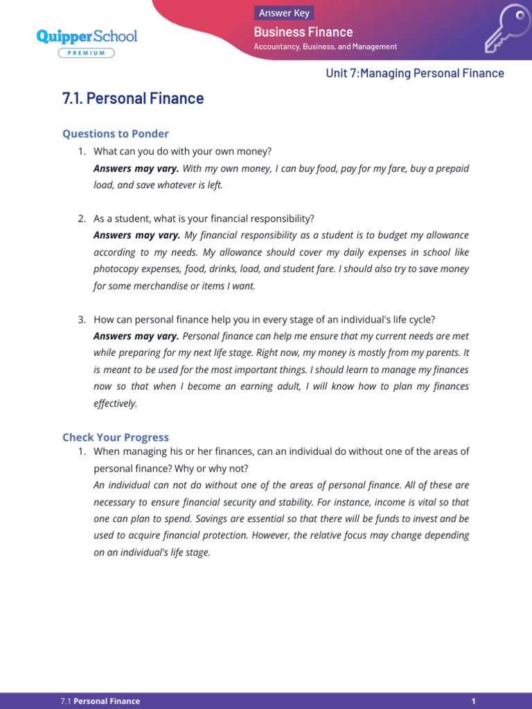 7.1. Personal Finance: Questions To Ponder | PDF | Expense | Personal ...