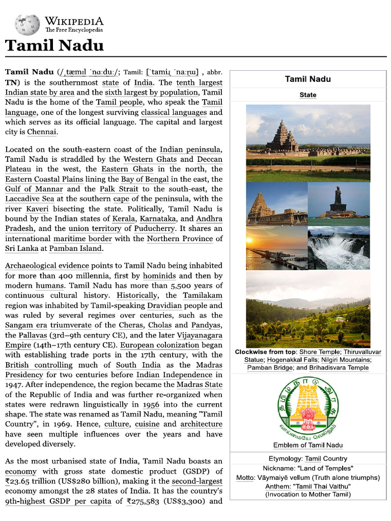 Tamil Nadu - Wikipedia | PDF