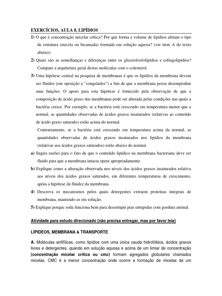 Exercicios, Aula 8, Lipidios | PDF | Membrana celular | Lipídio