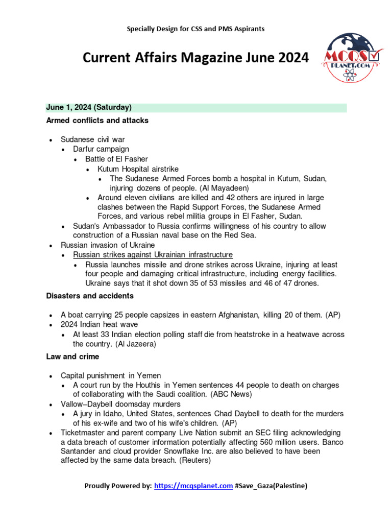 Current Affairs Overview - June 2024 | PDF | Hamas | Israel