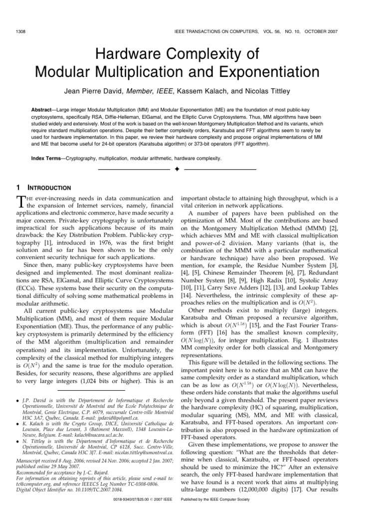 Hardware Complexity of Modular Multiplication and Exponentiation | PDF | Public Key Cryptography ...
