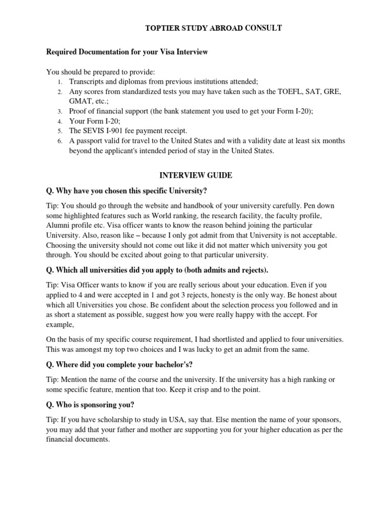 Interview Guide Usa New | PDF | Postgraduate Education | Travel Visa