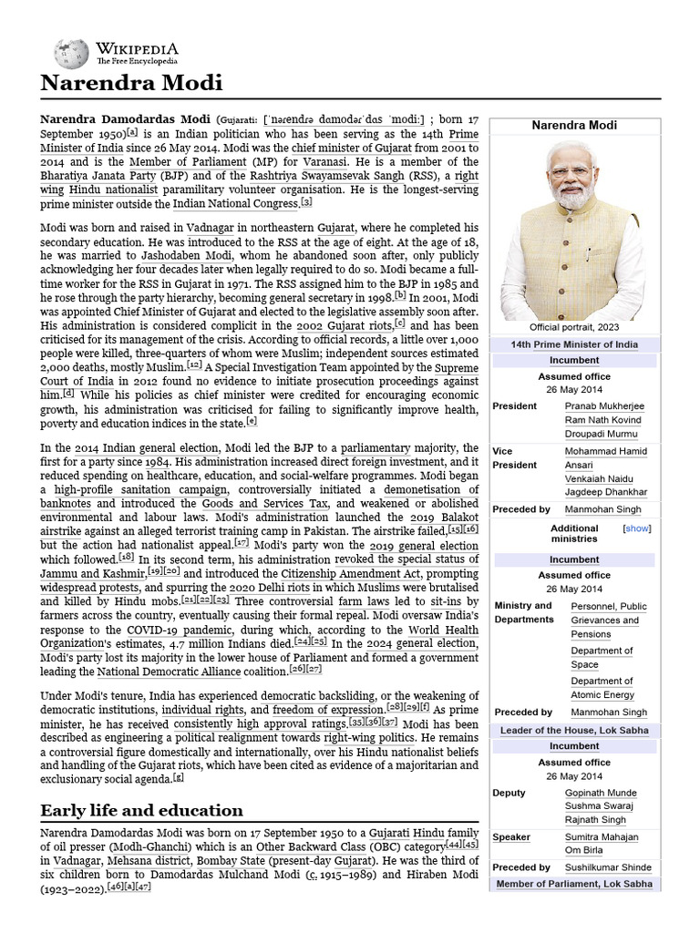 Narendra Modi Details | PDF | Narendra Modi | Bharatiya Janata Party