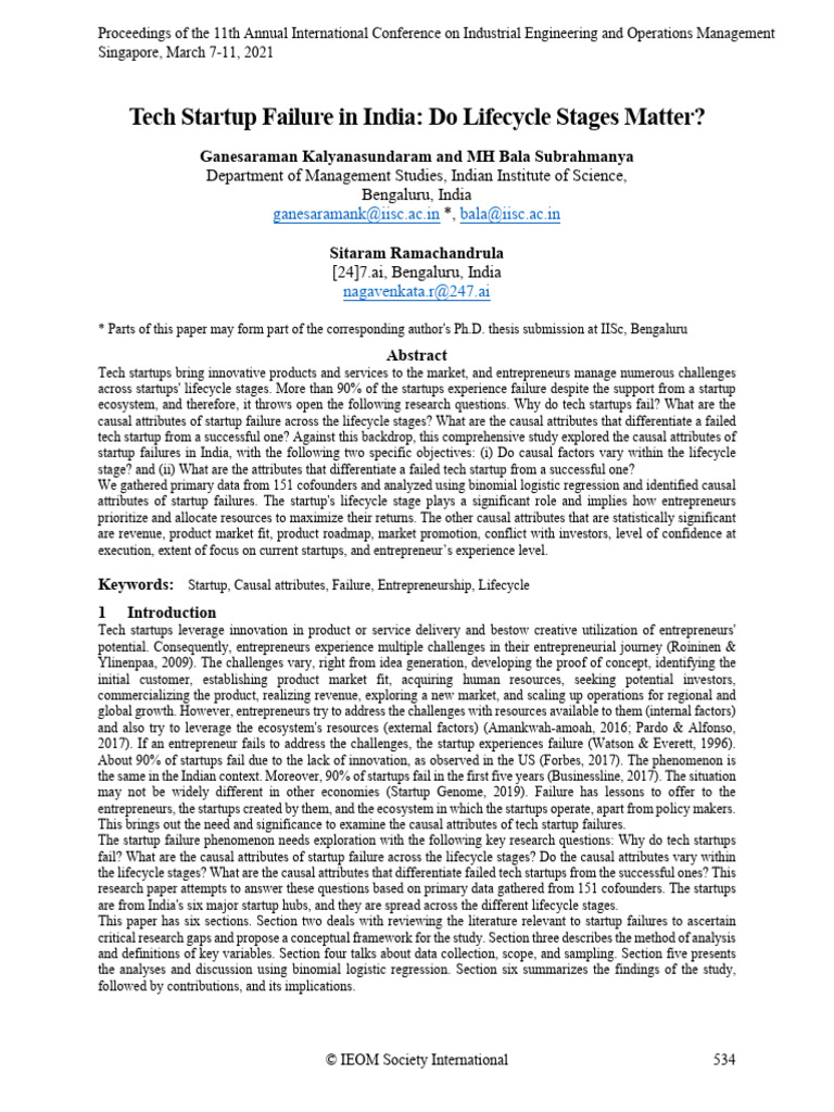 Tech Startup Failure in India - Do Lifecycle Stages Matter | PDF ...