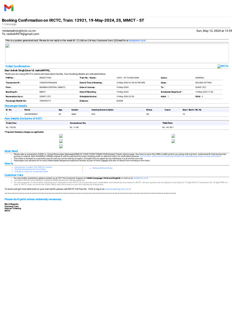 Gmail - Booking Confirmation On IRCTC, Train - 12921, 19-May-2024, 2S ...