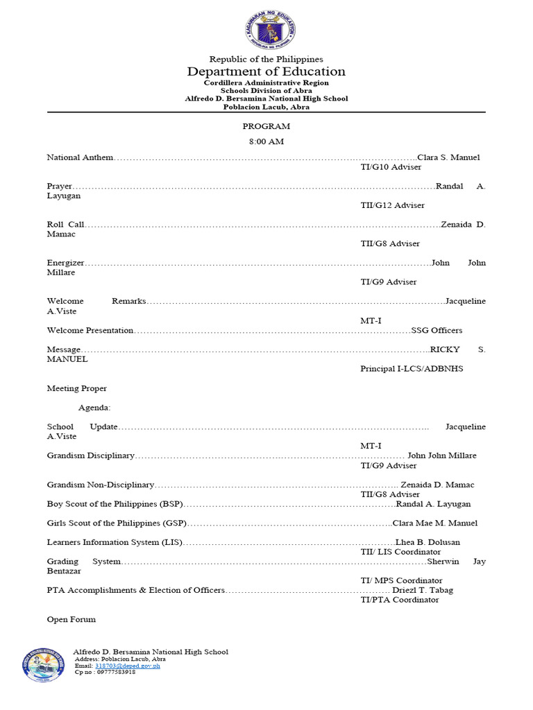First Pta Meeting Program | PDF