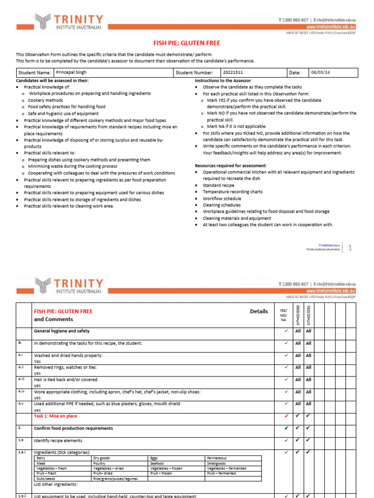 Observation Checklist Fish Pie Gluten Free | PDF | Cooking | Biodegradation