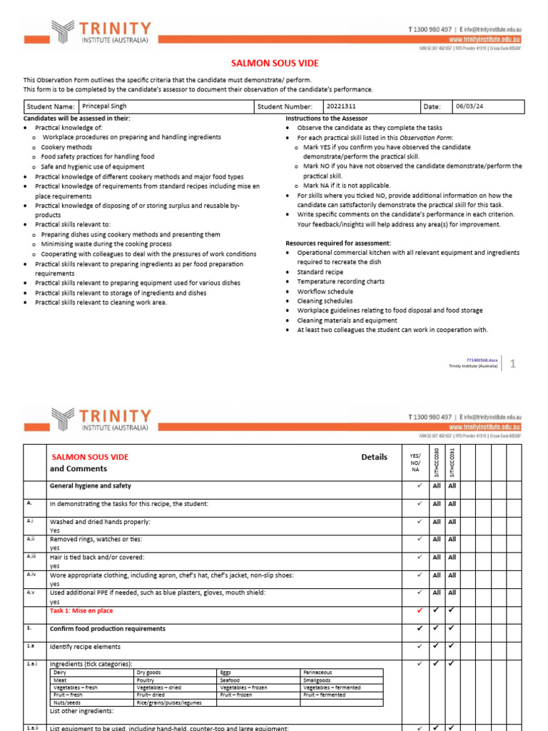 Observation Checklist Salmon Sous Vide | PDF | Cooking | Foods