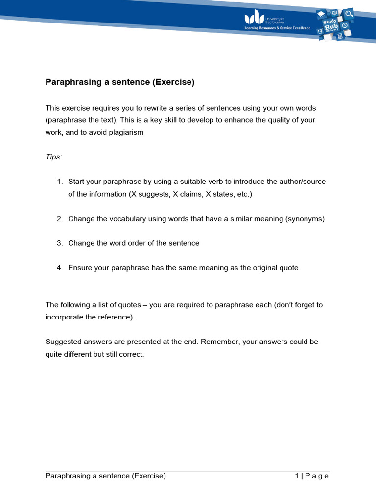 Paraphrasing A Sentence Exercise | PDF | Human Communication | Behavior ...