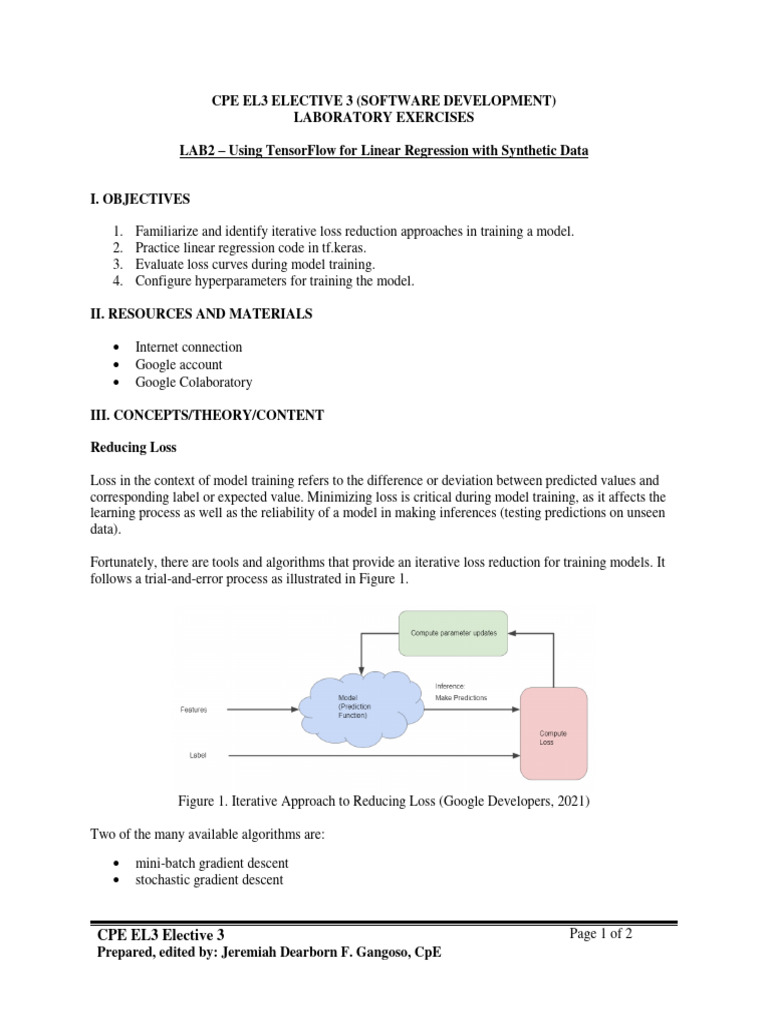 CPE EL3 Lab 2 Using TensorFlow For Linear Regression With Synthetic Data | PDF | Regression ...
