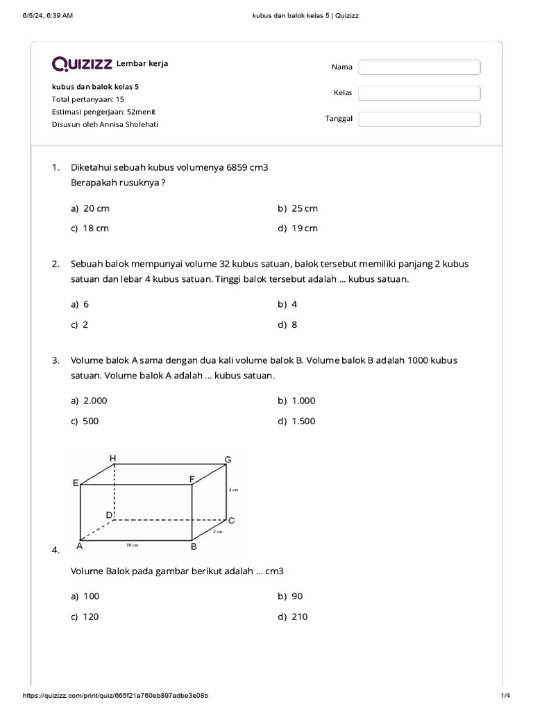 Kubus Dan Balok Kelas 5 - Quizizz Print | PDF | Metode & Bahan Ajar