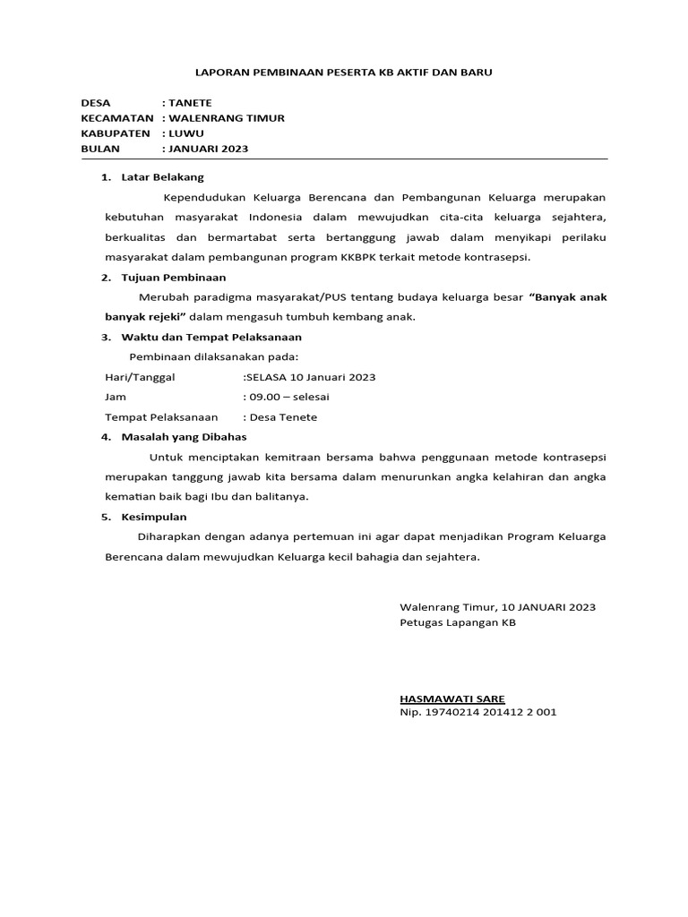 Laporan Pembinaan Peserta KB Aktif Dan Baru | PDF