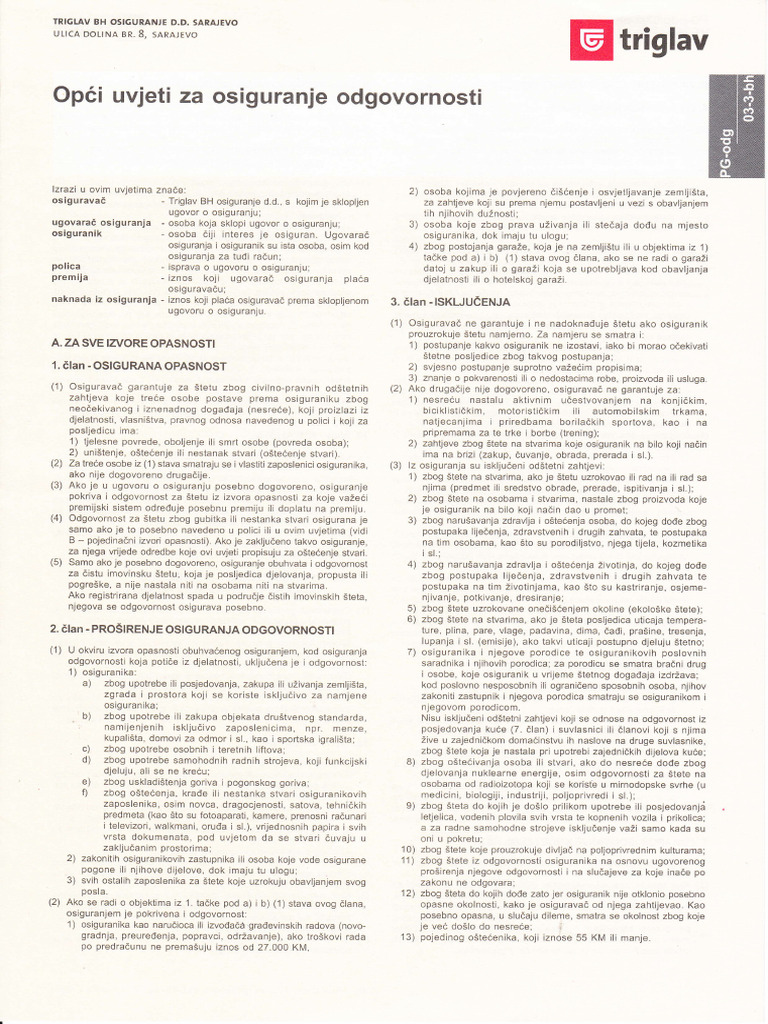Opći Uvjeti Za Osiguranje Odgovornosti - PG-odg-03-3-Bh | PDF