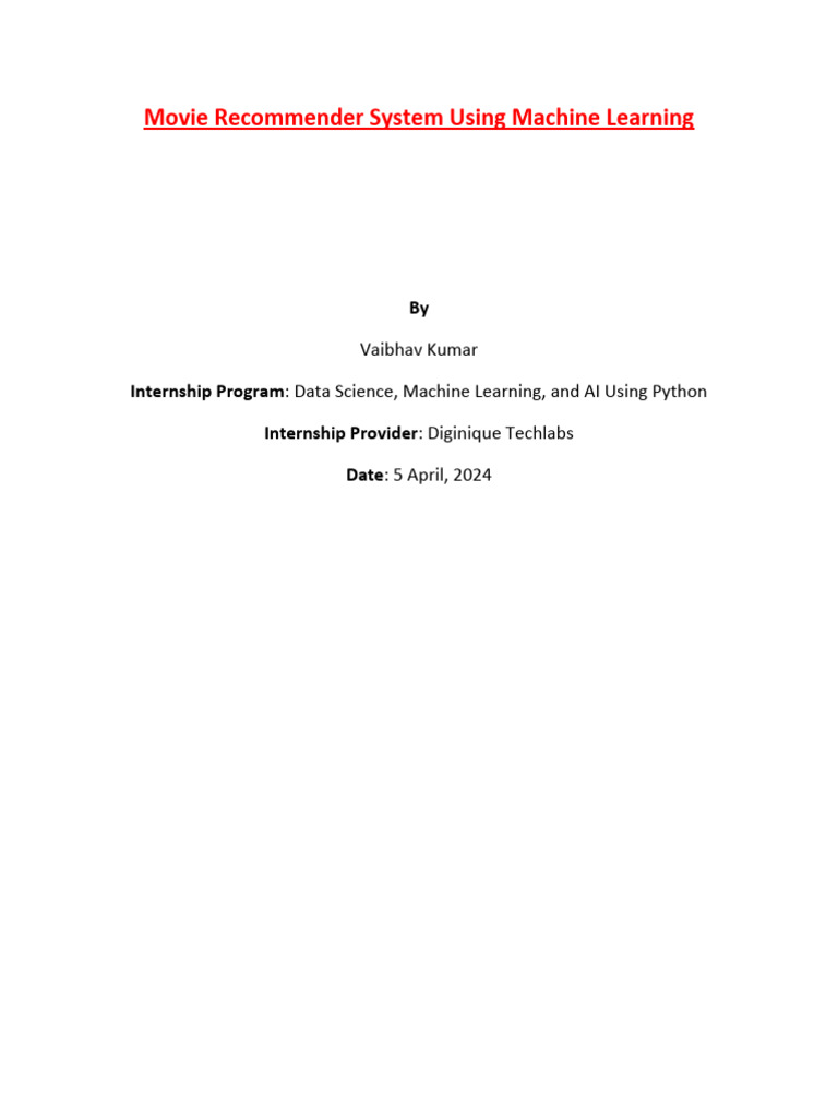 Vaibhav - Project Report On Movie Recommender System Using Machine Learning | PDF | Artificial ...