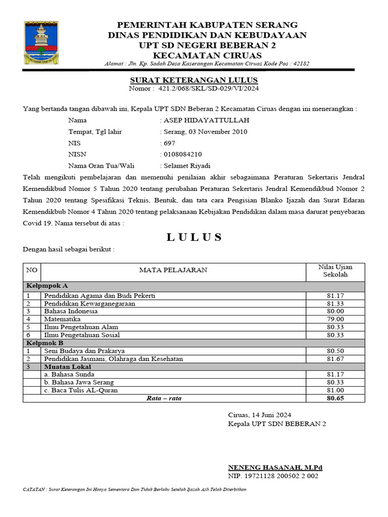 Surat Keterangan Lulus SD Ciruas | PDF