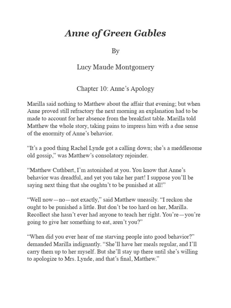 Anne of Green Gables 010 Chapter 10 Annes Apology | PDF | Lucy Maud ...