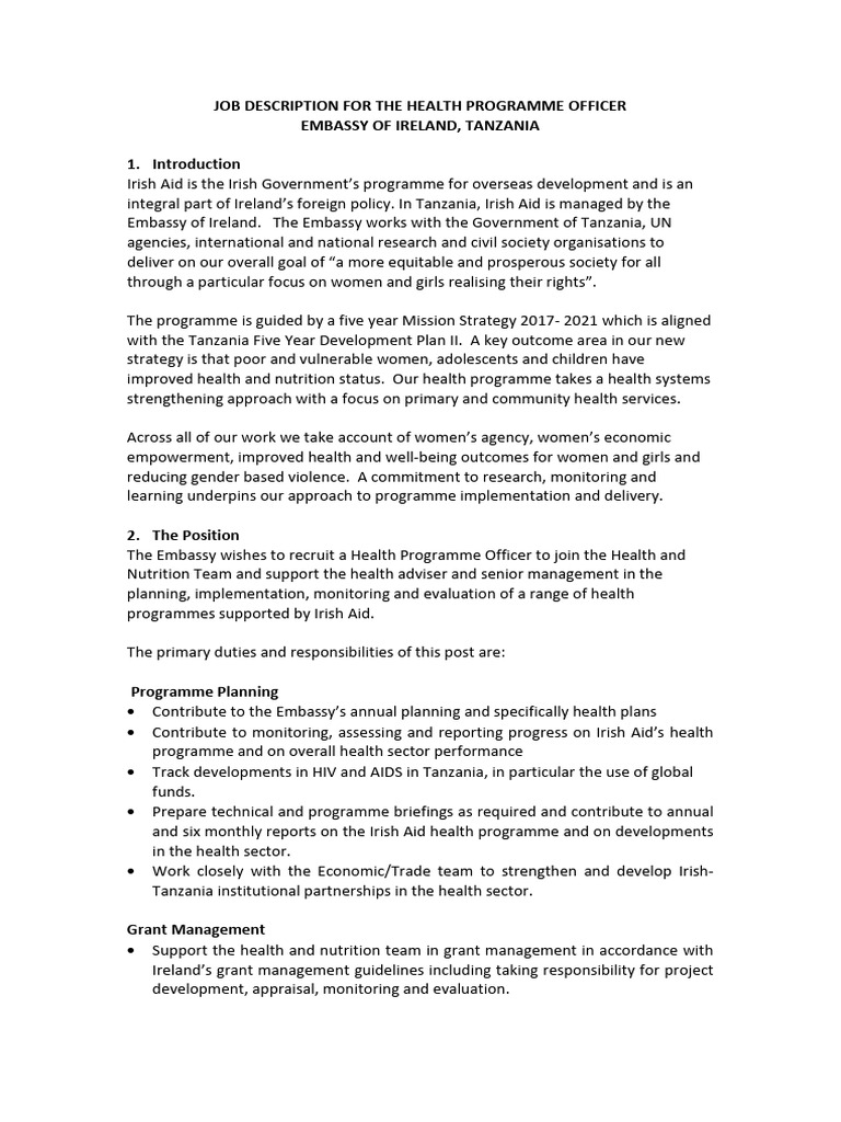 Job Description For Health Programme Officer | PDF | Tanzania | Evaluation